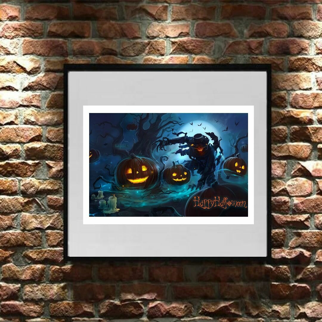 Плакат "Тыквы и страшное пугало в полнолуние" на Хэллоуин (Halloween) от Cool Eshe из коллекции "Праздники", плакат на стену А4 (29,7 х 21 см) для интерьера в стиле Дня всех святых