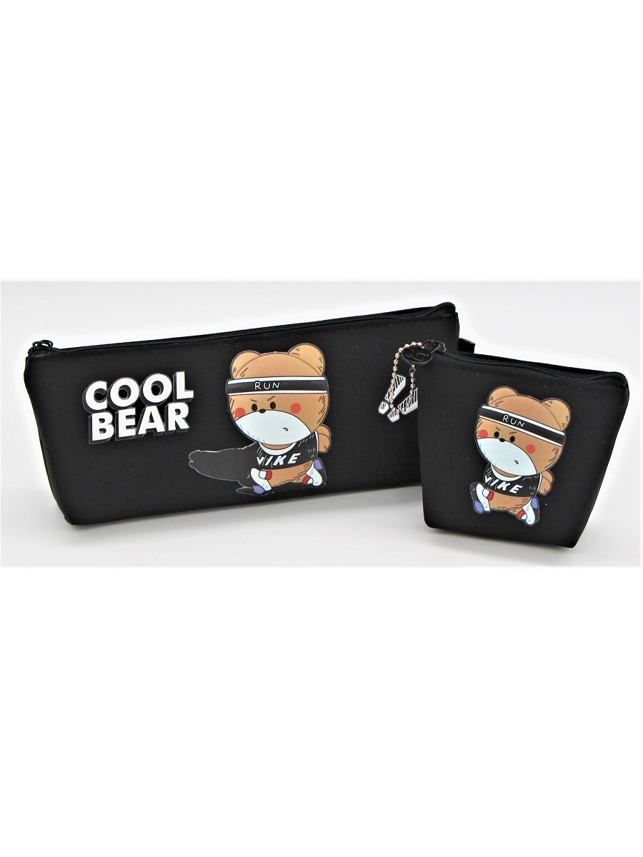 Пенал "Крутой мишка" с монетницей, косметичка, текстиль, на молнии (Черный)