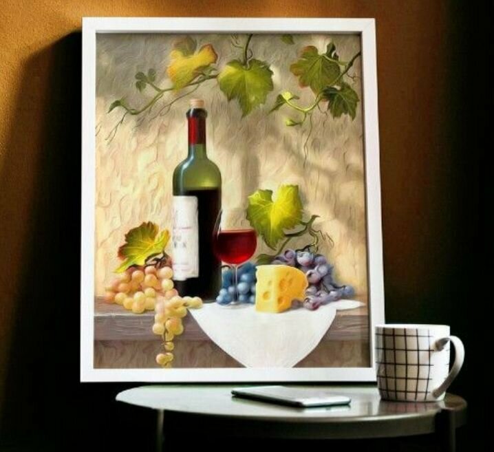 Картина раскраска по номерам на подрамнике на холсте 40*50 см "Вино, сыр и фрукты"