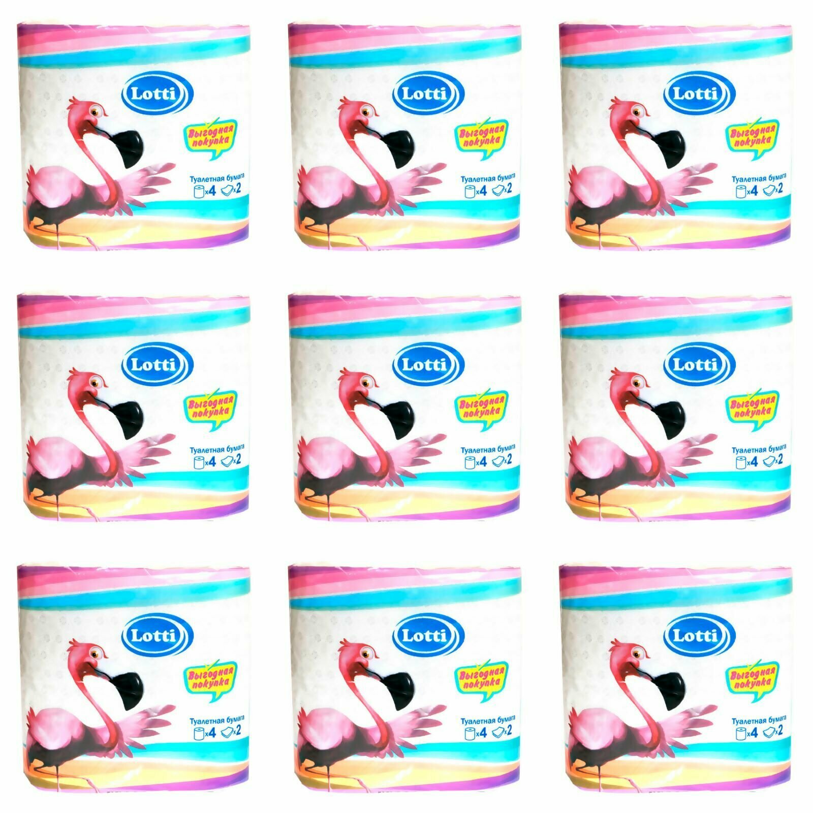Туалетная бумага, Lotti, фламинго, белая, 2 слоя, 4 шт, 9 уп