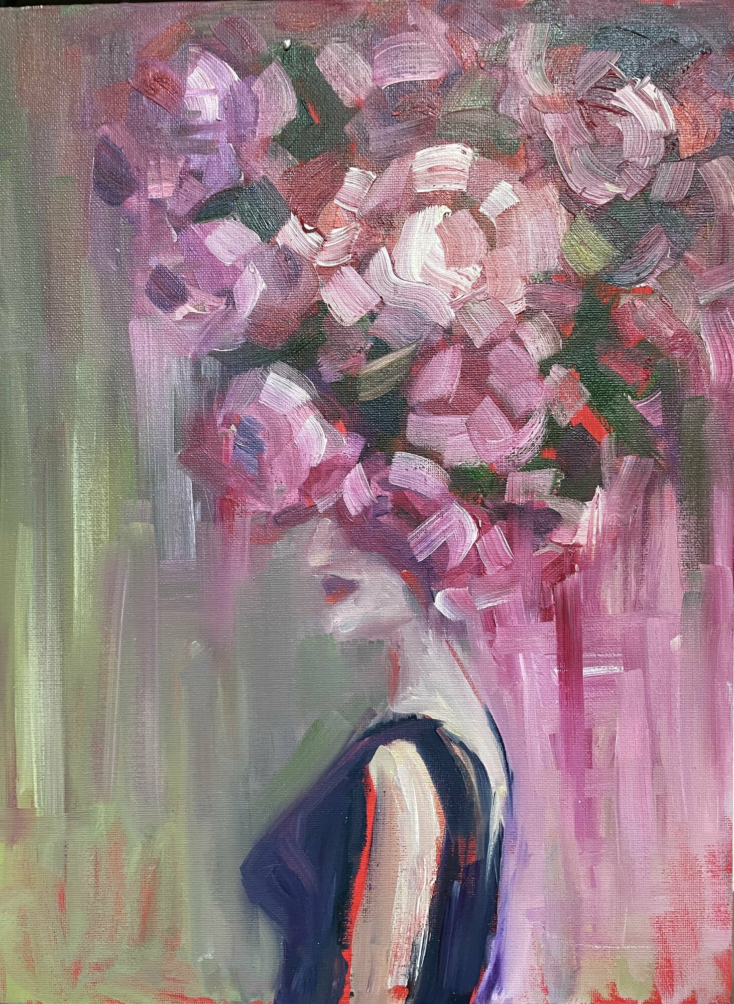 Картина "Девушка с цветами", холст, масло, 40x30 см, без рамы