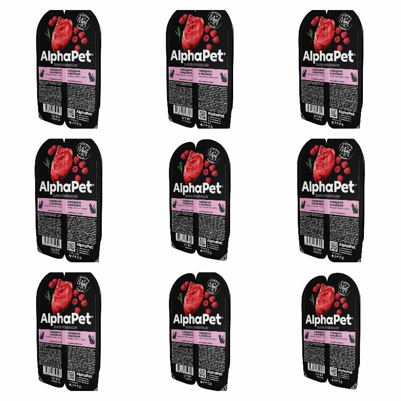 ALPHAPET SUPERPREMIUM ламистер влажный корм для взрослых кошек говядина и малина 80 гр ,9шт
