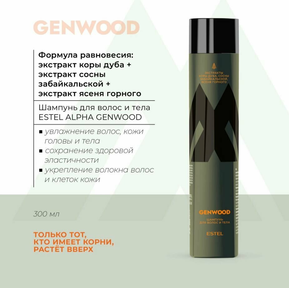 ESTEL Мужской шампунь для волос и тела ALPHA GENWOOD PRO для очищения и нормализации баланса кожи головы, 300 мл