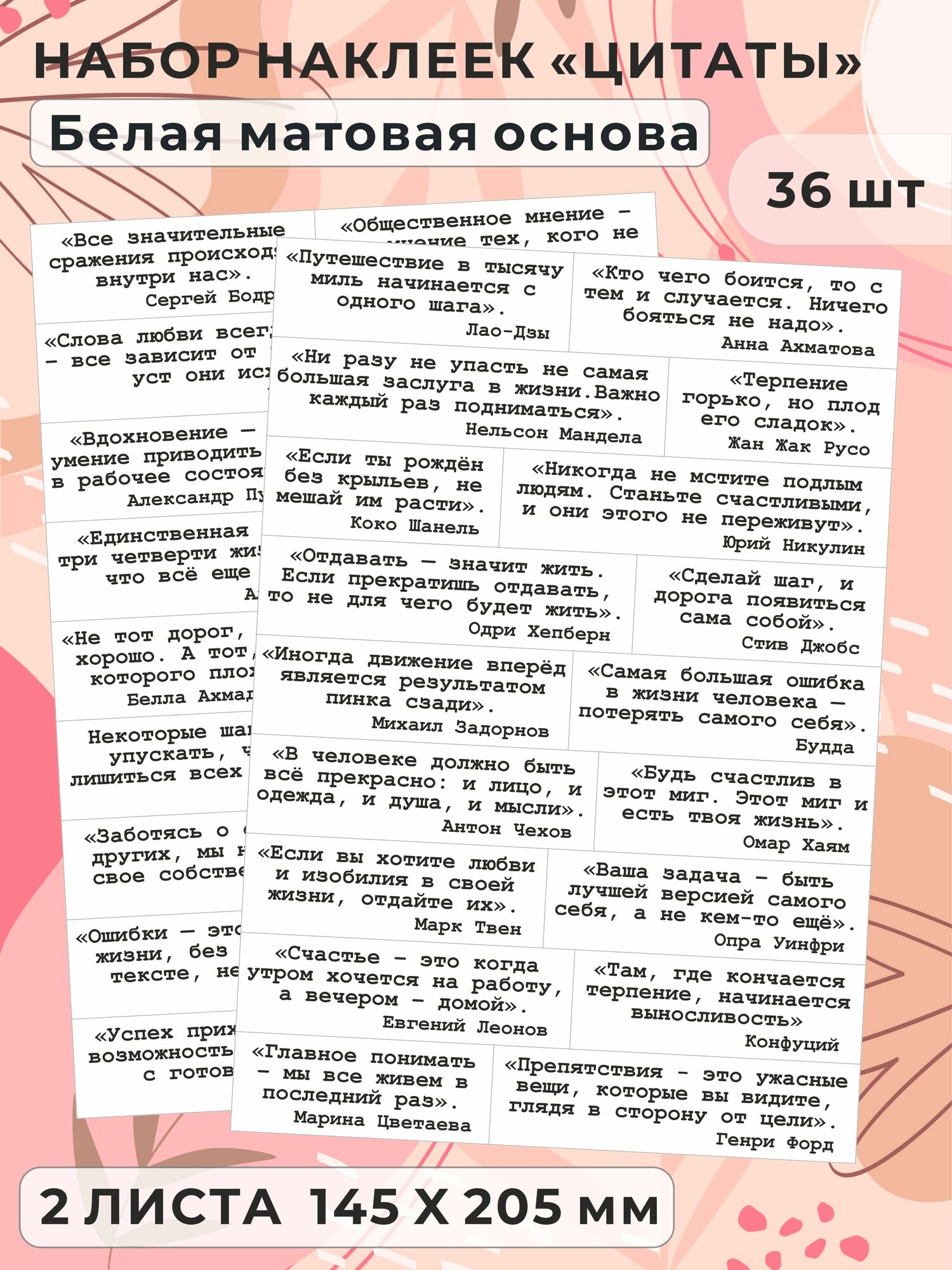 Набор наклеек "Мотивирующие фразы и цитаты", матовый винил, 36 штук, 20x14 см