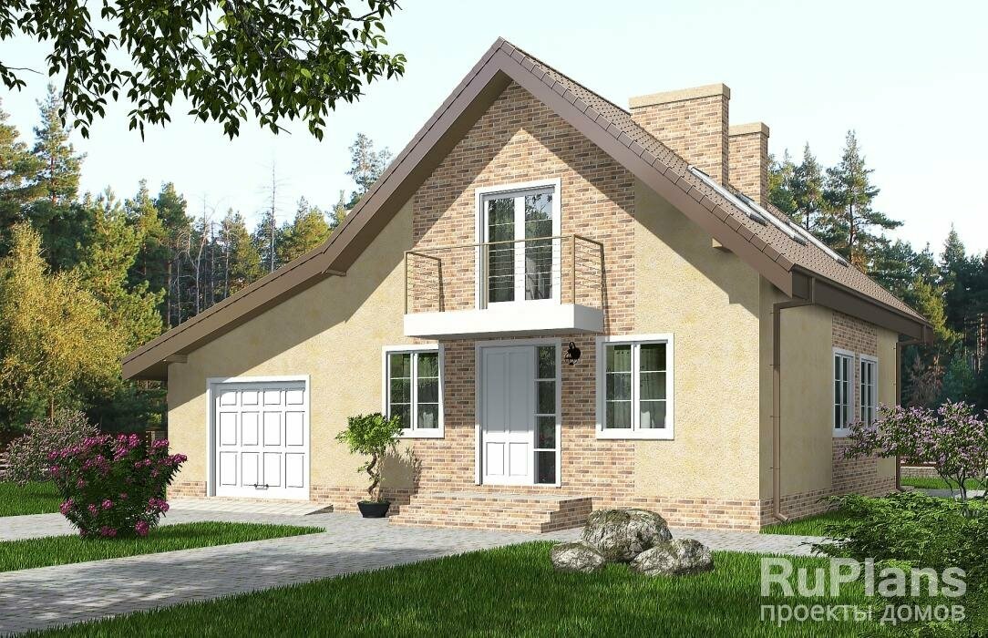 Проект индивидуального одноэтажного жилого дома с мансардой, террасой, гаражом и балконами (141 м2, 10м x 12м) Rg5494