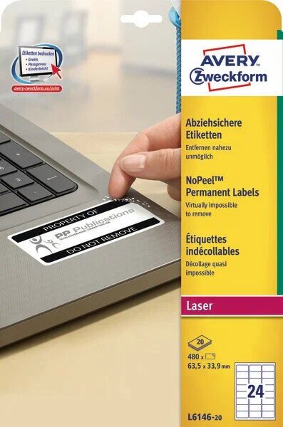 Экстра-безопасные неотклеивающиеся этикетки Avery Zweckform [L6146-20] (63.5x33.9 мм, 480 шт, 20 листов)