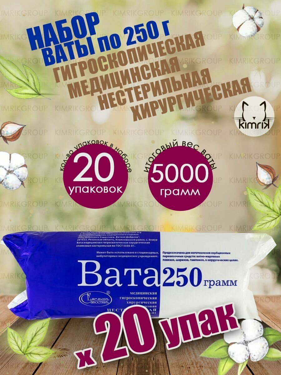 Вата медицинская хирургическая фасованная, 20уп х 250 г, Емельянъ Савостинъ