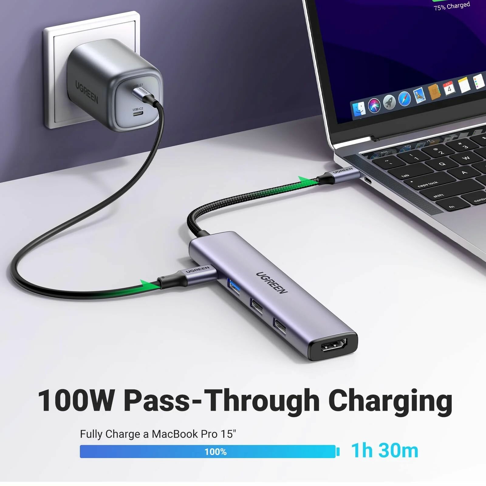 Конвертер многофункциональный USB-C - HDMI+1xUSB3.0 A+2xUSB2.0 A+PD Power Converter, серебро Ugreen