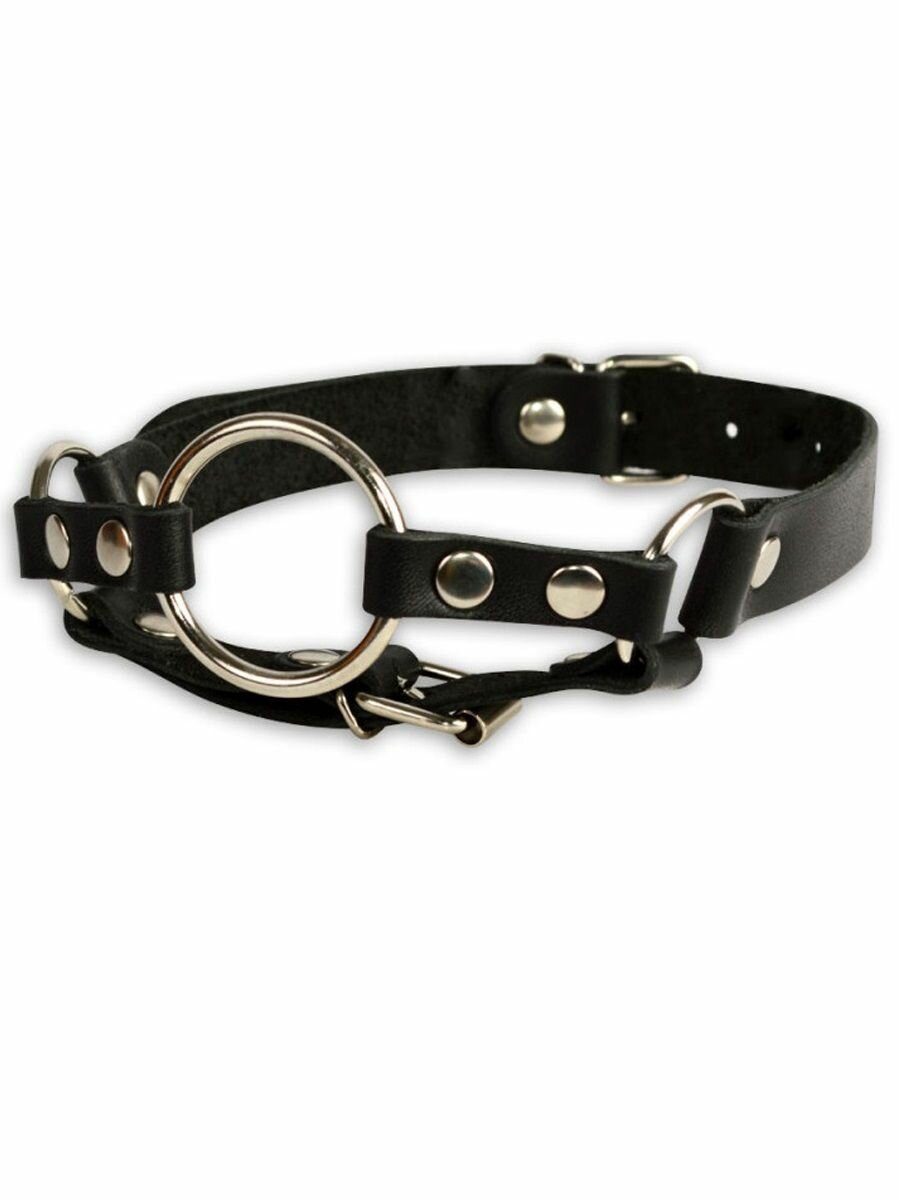 Кляп-рамка с металлическим кольцом и черным кожаным ремешком с дополнительным креплением на челюсти, 4.5см