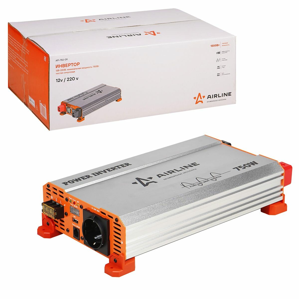Инвертор AIRLINE автомобильный 12В-220В, 750 Вт, чистый синус