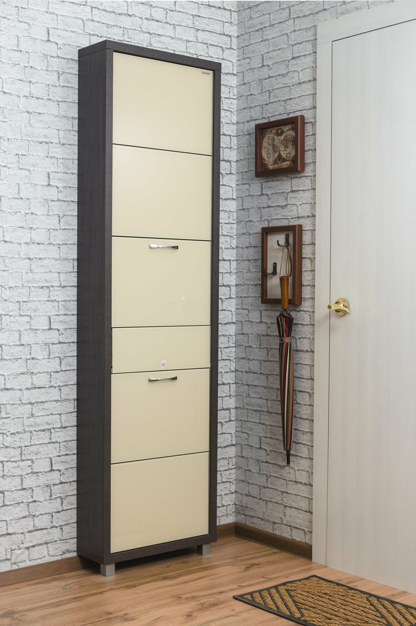 Обувница Ironnori Люкс Плюс, фасад стекло капучино, 5 секций плюс ящик для мелочей, цвет Капучино.