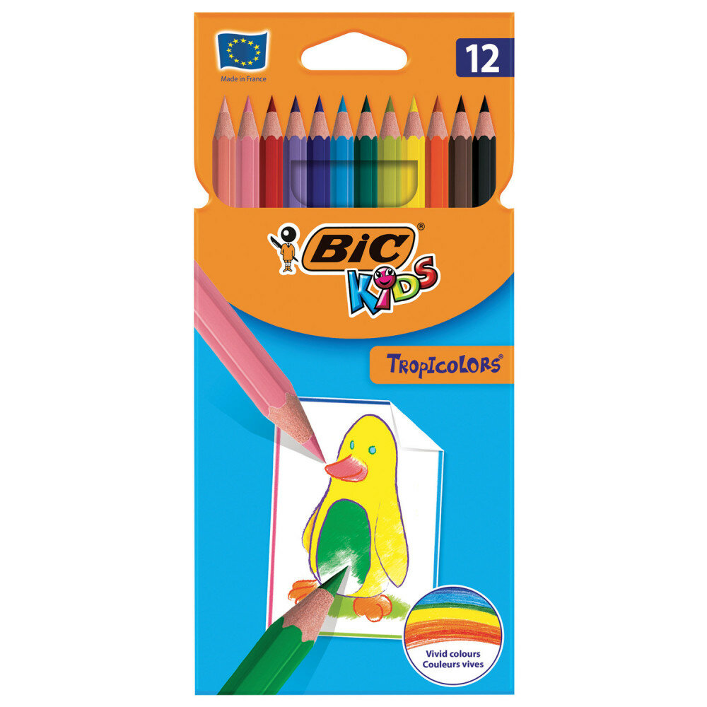 Карандаши цветные BIC "Tropicolors", 12 цветов, пластиковые, заточенные, европодвес, 8325666