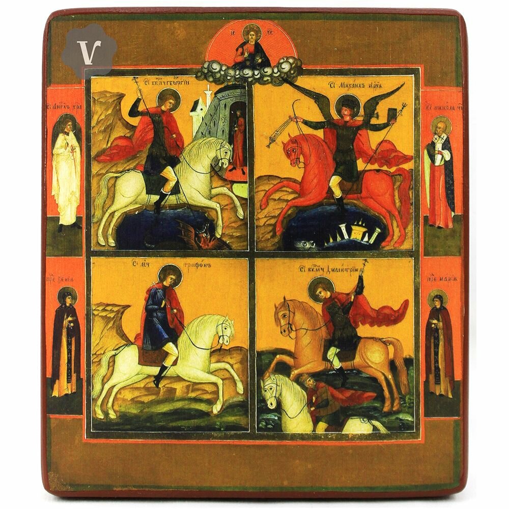 Православная икона четырёхчастный образ Архангела Михаила, Георгия Победоносца, мученика Трифона и Димитрия Солунского, деревянная иконная доска, левкас, ручная работа