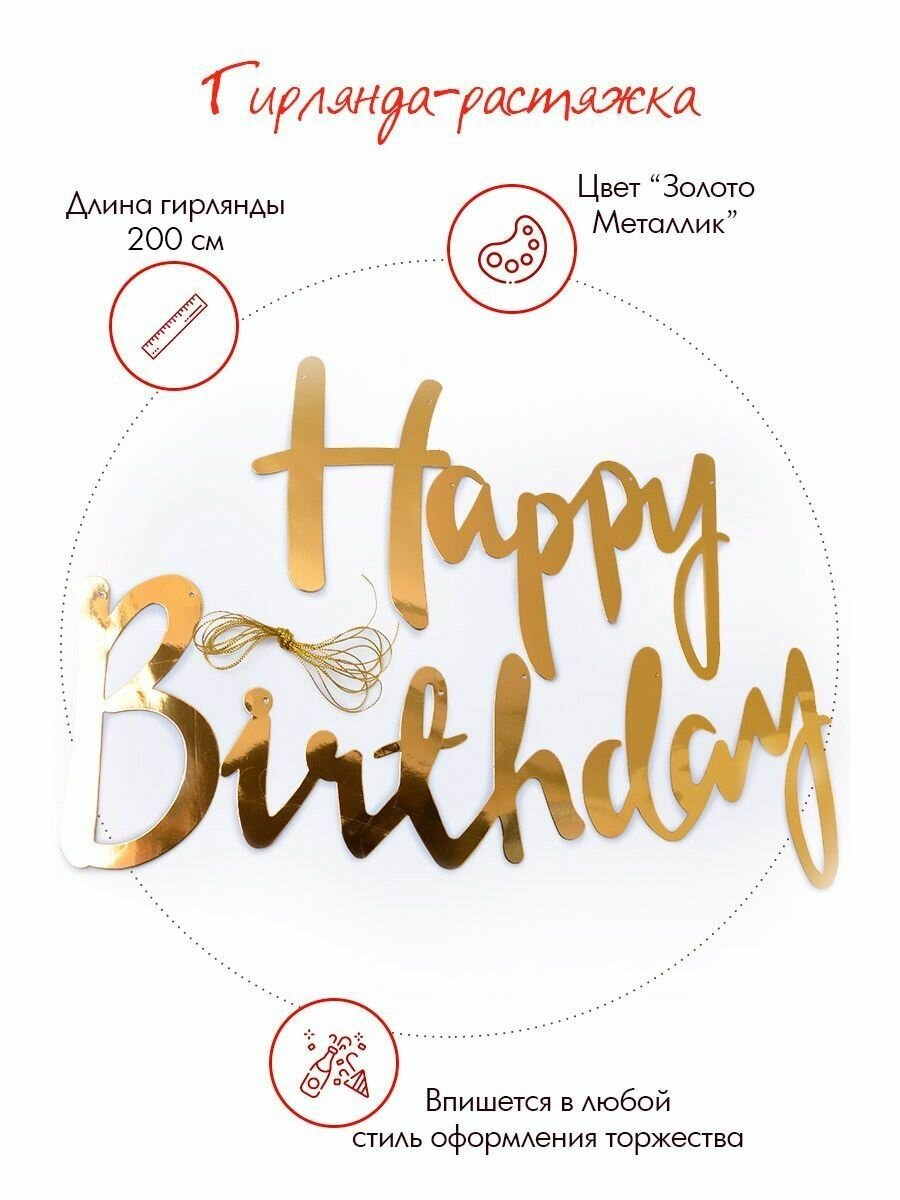 Гирлянда Happy Birthday (курсив), Золото, Металлик, 500 см, 1 упак.