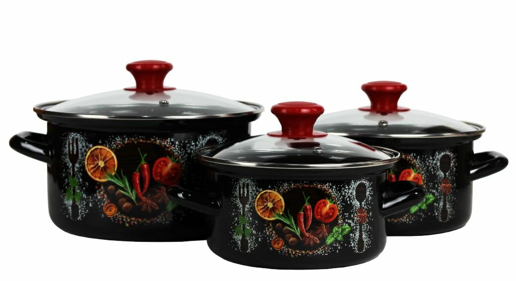 Набор эмалированных кастрюль "Кулинарные фантазии" 3шт (1,5л/2,3л/3л)+ 3 крышки, Керчь