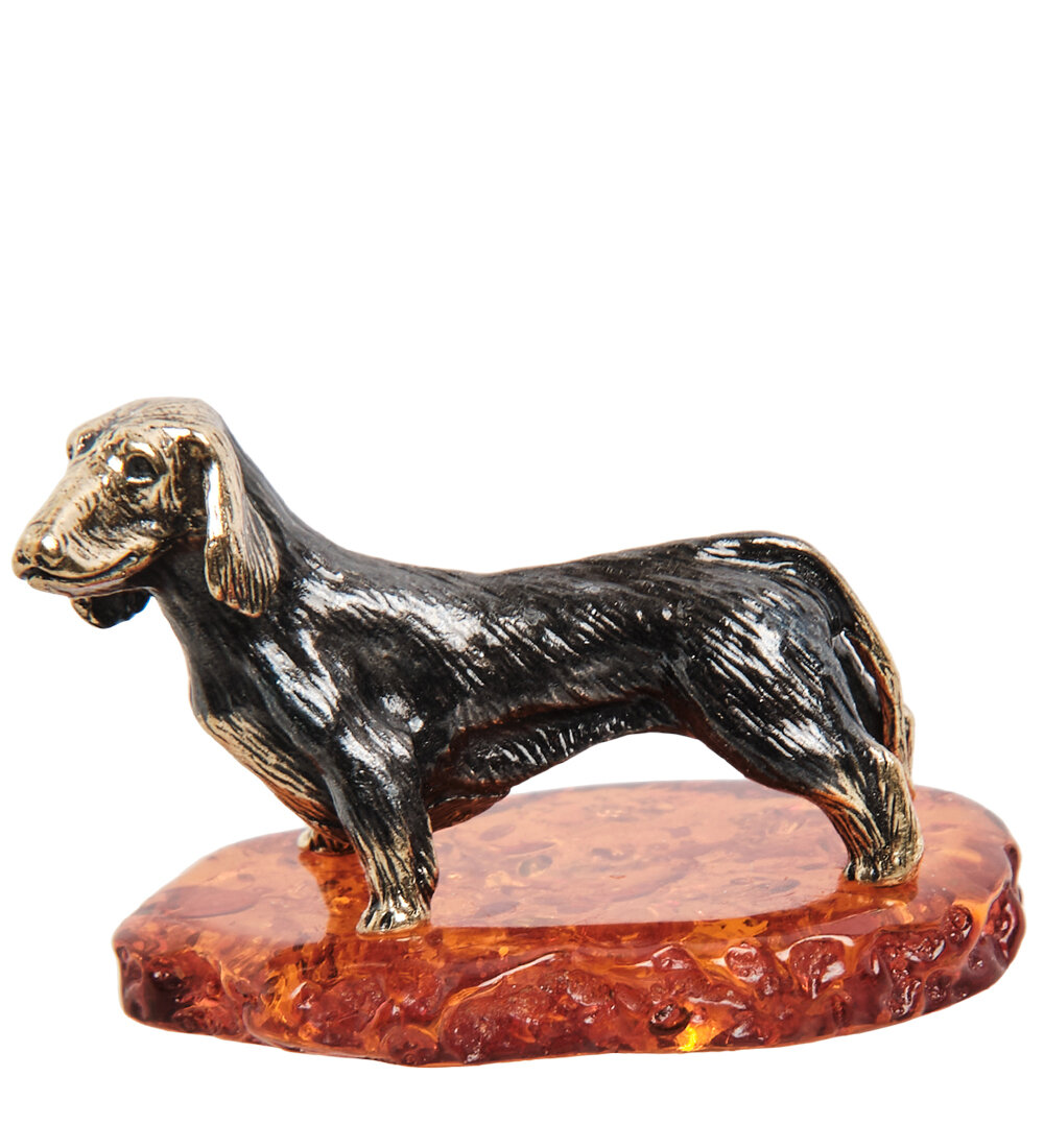 Фигурка 'Такса длинношерстная' (латунь, янтарь)