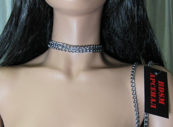 Ошейник БДСМ Арсенал двойной металлический серебристый цвет длина 35 сантиметров