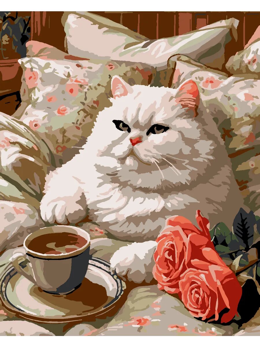Картина по номерам Белый кот, кофе и цветы 40х50 см
