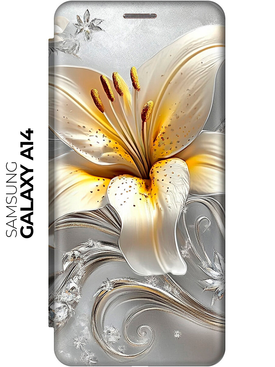Чехол-книжка на Samsung Galaxy A14 с принтом "Серебристая лилия" золотой