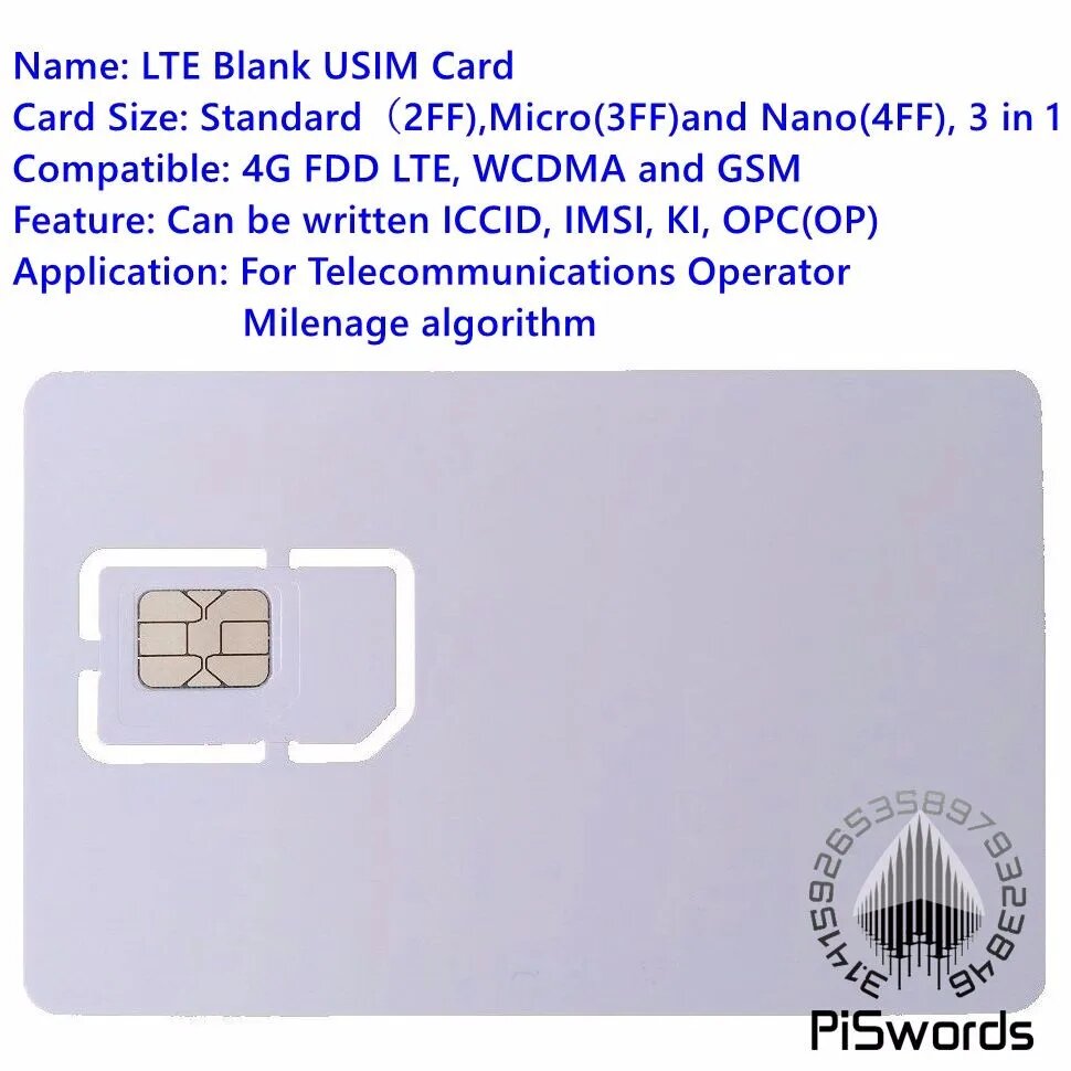 Piswords, SIM-карта USIM, 4G, LTE, WCDMA, GSM, без рисунка, мини-Nano, Micro, записываемая, программируемая SIM-карта для оператора, алгоритм Milenage