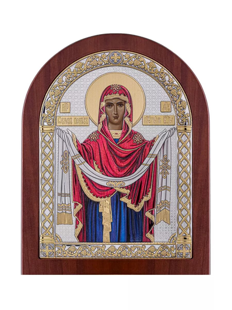 Покрова БМ, икона арочная, красное дерево, эмаль 60х75