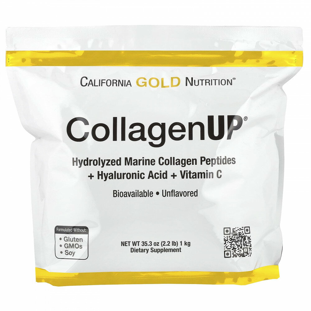 California Gold Nutrition, CollagenUP®, гидролизованные пептиды морского коллагена с гиалуроновой кислотой и витамином C, с нейтральным вкусом, 1 кг (2,2 фунта)