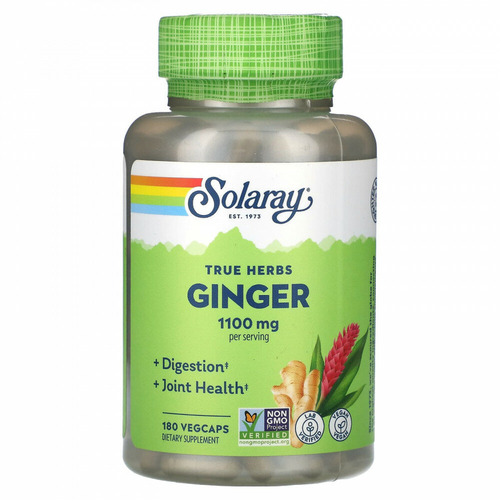 Solaray, True Herbs, имбирь, 180 растительных капсул (550 мг в 1 капсуле)