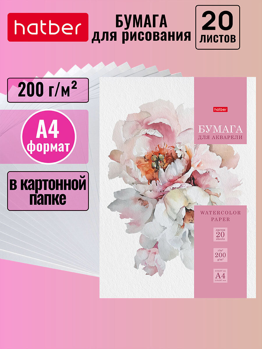 Набор бумаги для рисования акварелью 20 листов А4 200г/кв. м в папке, тиснение-Нежный пион-