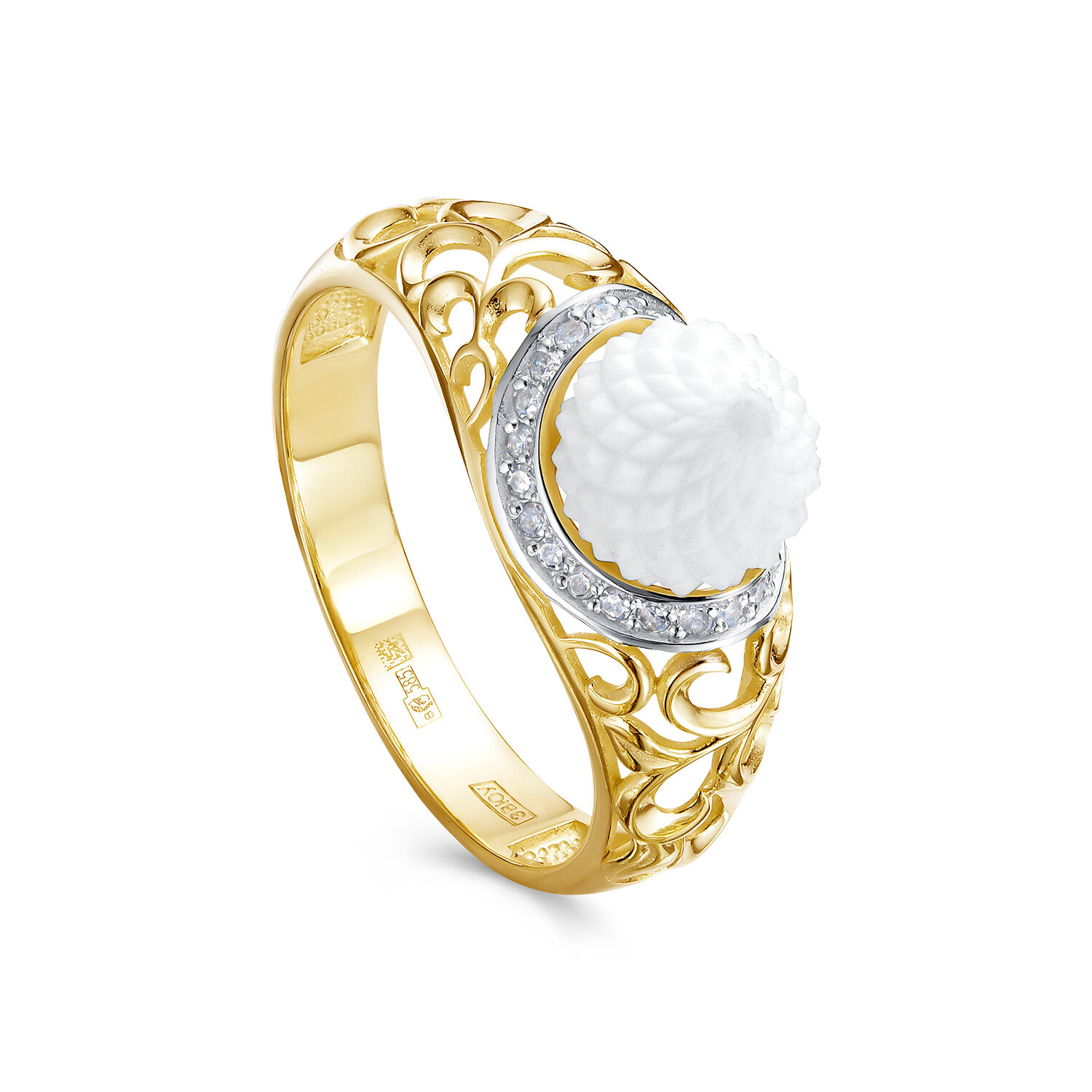 Кольцо, желтое золото, 585 проба, фарфор, бриллиант