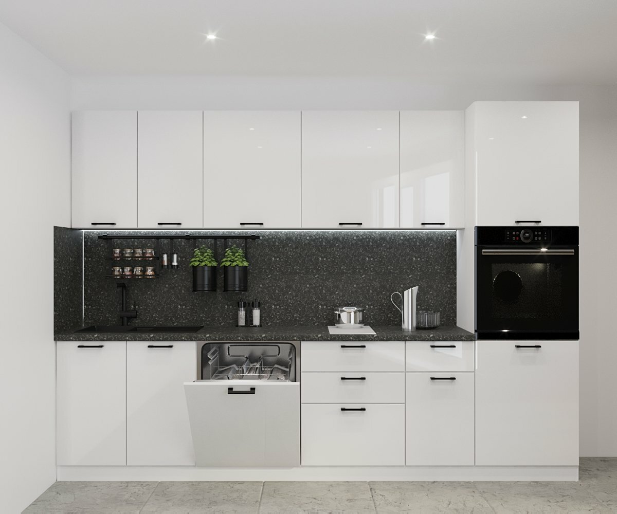 Кухонный гарнитур Белый глянец, фасады МДФ, длина 3000 мм, с пеналом для бытовой техники и фасадом для ПМ