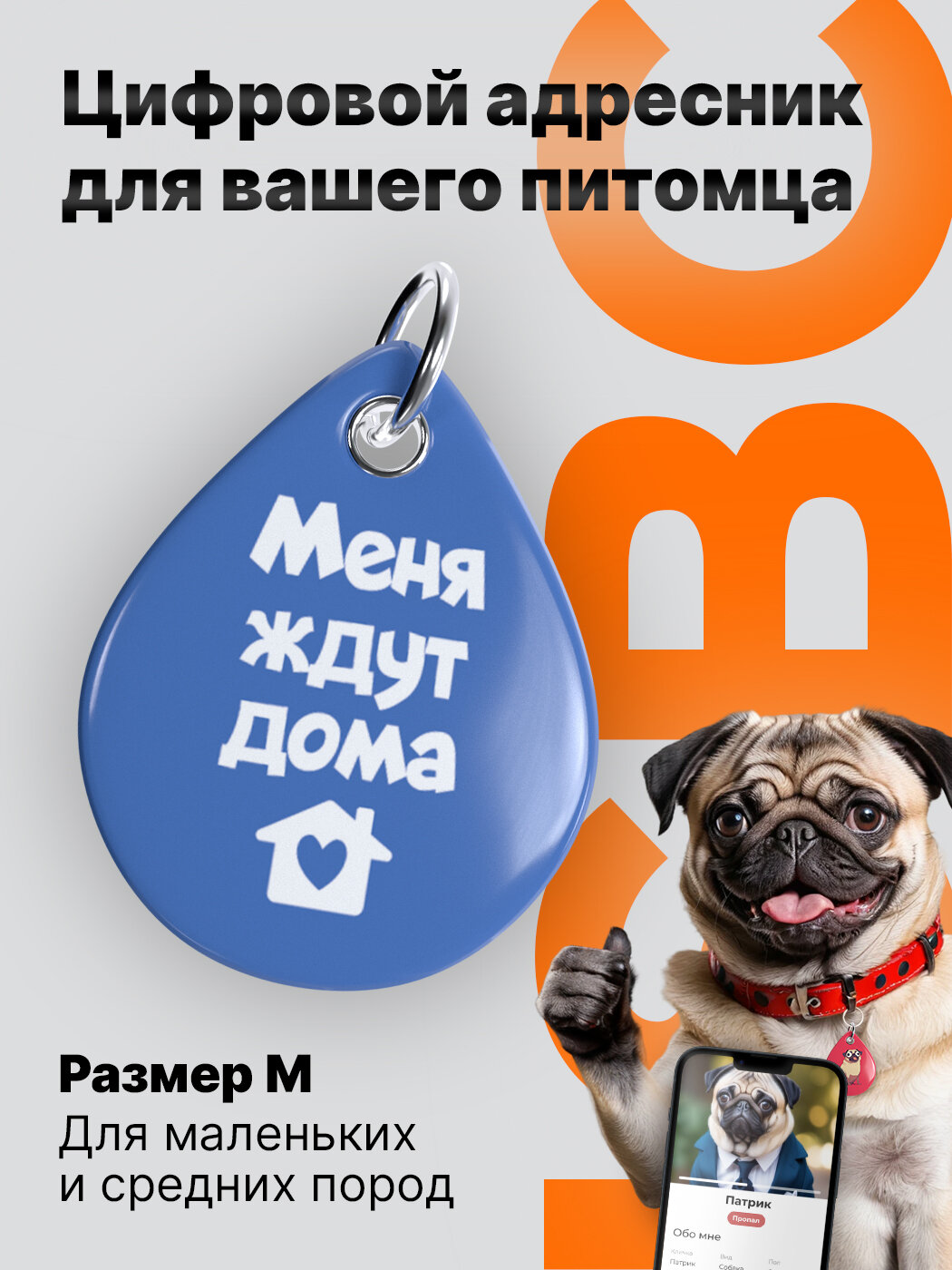 Адресник для собак и кошек от ISBC с NFC и QR-кодом, Меня ждут дома, синий