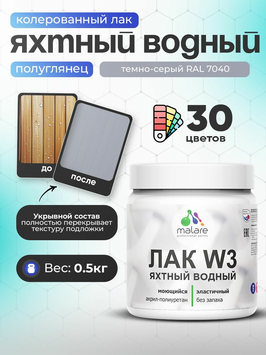 Лак колерованный укрывной яхтный Malare W3 для деревянных и минеральных поверхностей, водный без запаха быстросохнущий, полуглянцевый RAL 7040 темно-серый, 0.5 кг.