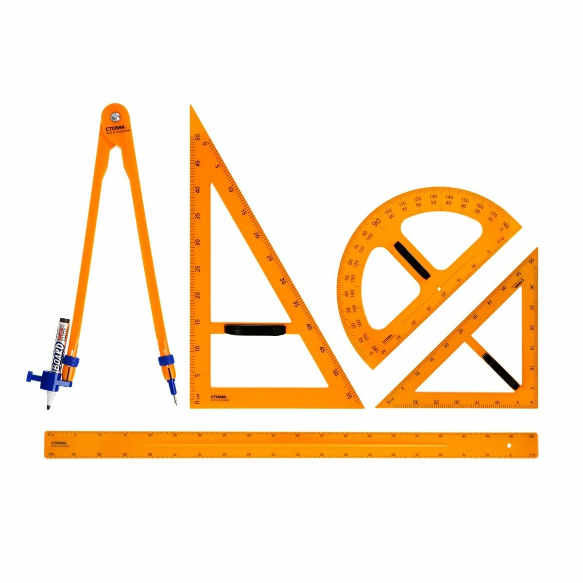 Набор для школьной доски СТАММ линейка 100 см, треугольник 30 градусов, треугольник 45 градусов, транспортир, циркуль, пластик, желтый, в коробке