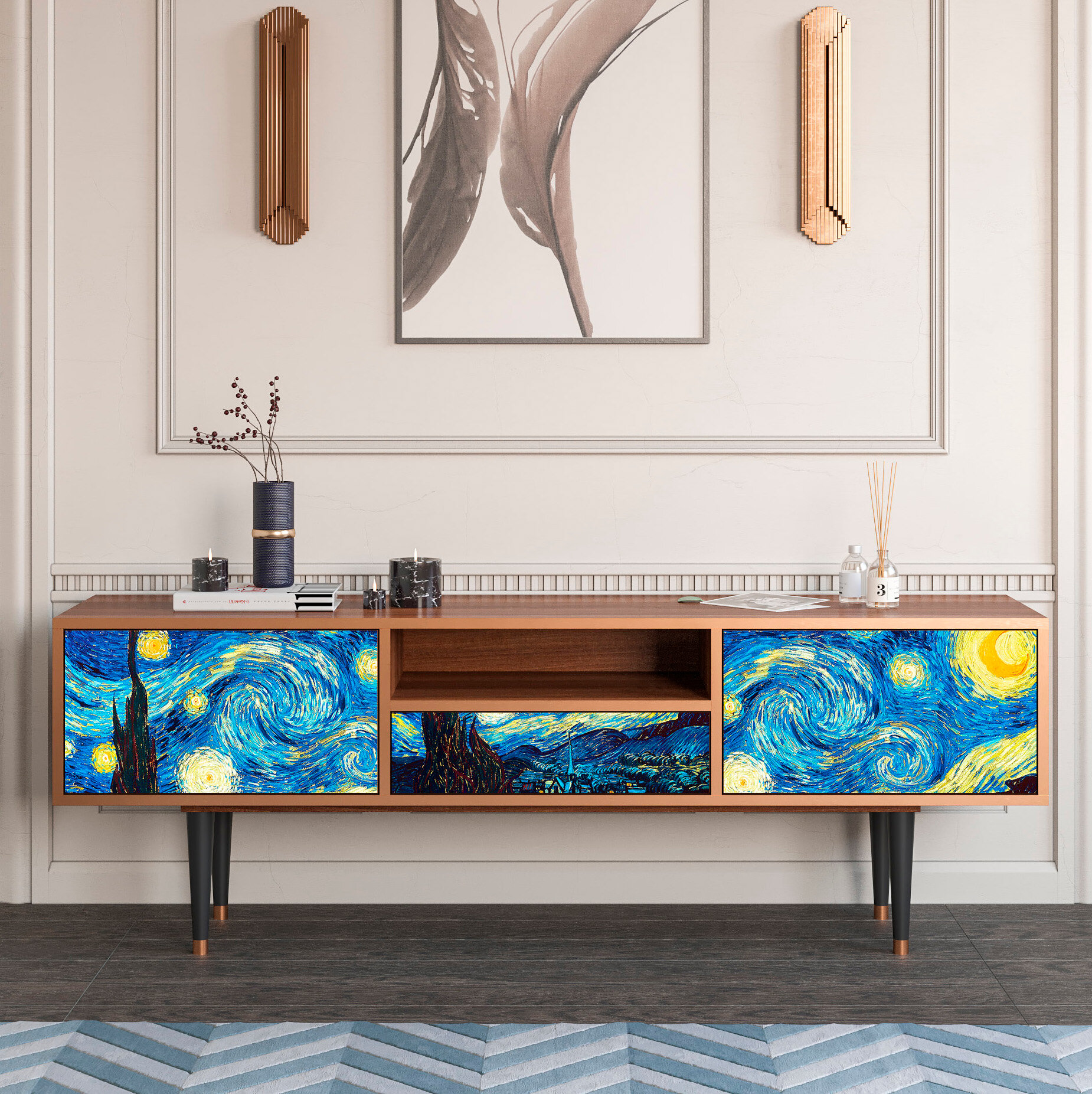 ТВ-Тумба - STORYZ - T6 The Starry Night by Vincent van Gogh, Размер - 170 x 69 x 41 см, Цвет корпуса - , Орех