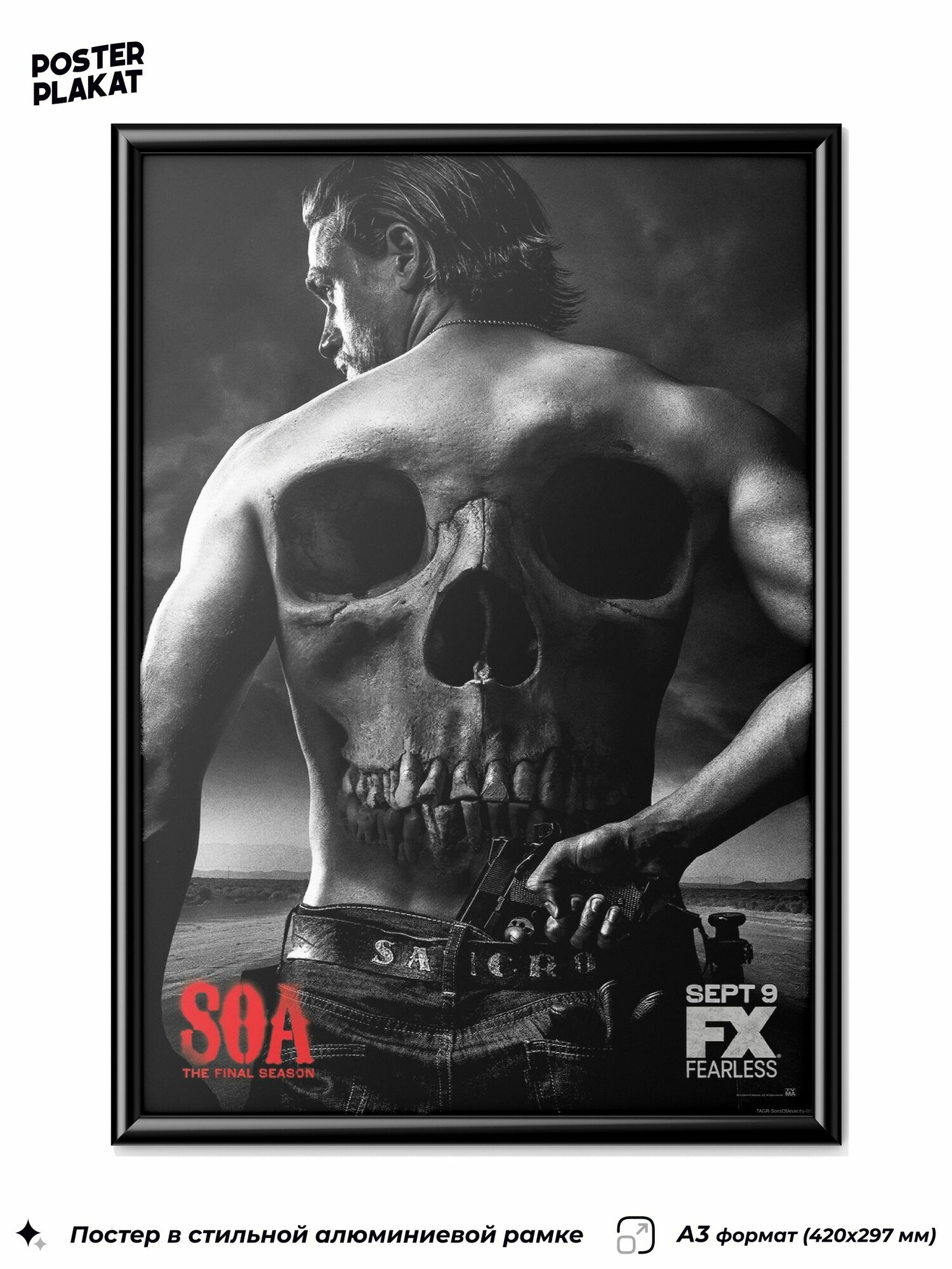 Постер Сыны анархии / Sons of Anarchy, Чарли Ханнэм, по мотиву сериала, для интерьера, в раме, А3 (420х297 мм), Постер Плакат