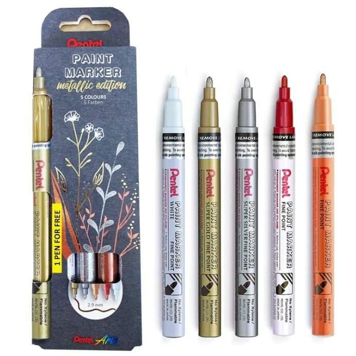Pentel Paint набор перманентных маркеров, 2.9 мм, 5 штук, пулевидный MSP10-5
