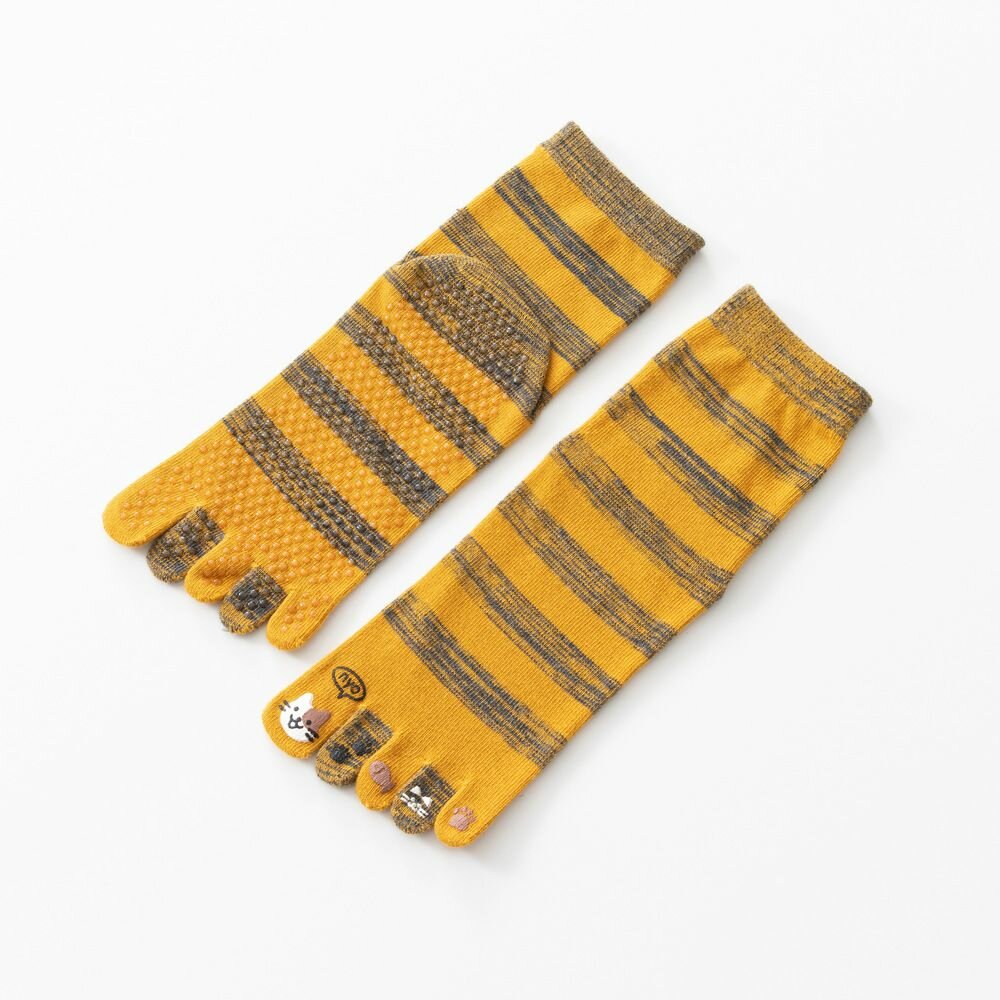 Носки с пальцами противоскользящие для йоги, милые коты в полоску, горчичный (размер: универсальный)