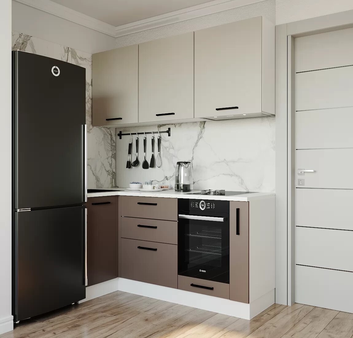 Кухонный гарнитур Sanvut угловой Латте 1800х1000 столешница 26 мм, каркас ЛДСП, фасад ЛДСП, Белый/Сатин/Мокко