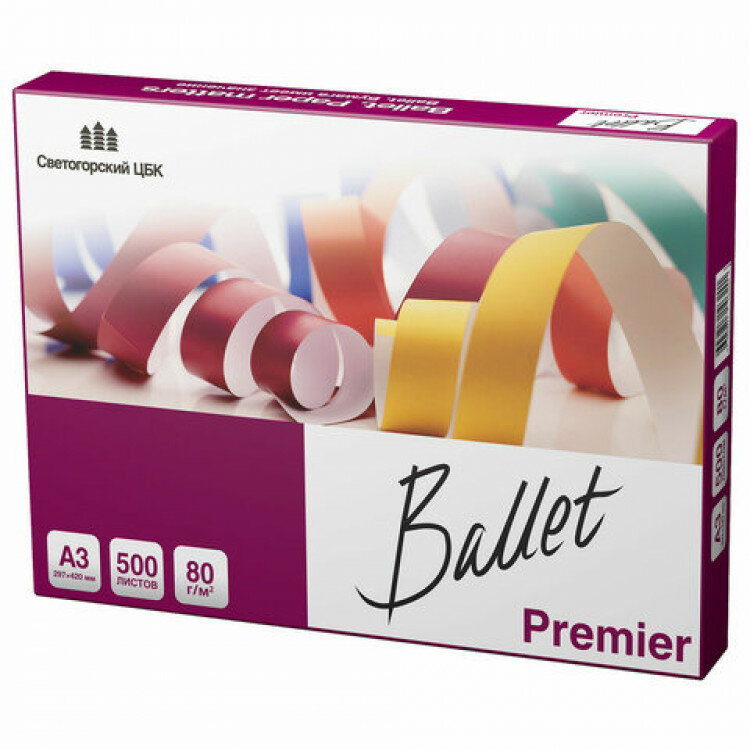 Бумага офисная большого формата (297х420), А3, 80 г/м2, 500 л, марка А, BALLET PREMIER, 160% (CIE)