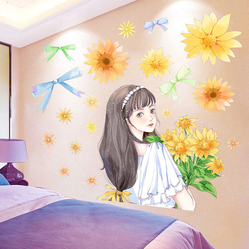 Наклейки на стену с изображением подсолнуха и банта, наклейки «Девушка с цветами и подсолнухом», самоклеящиеся обои из ПВХ для спальни, комнаты в общежитии и гостиной, размер 45x60 см