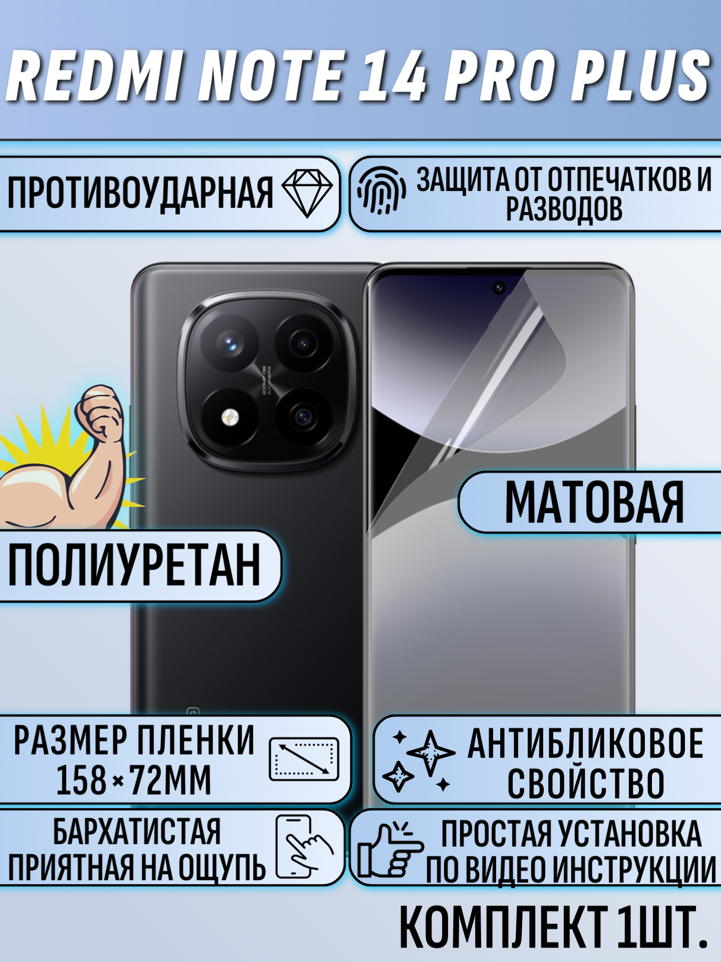 Гидрогелевая пленка для Redmi Note 14 Pro Plus матовая 1 шт.