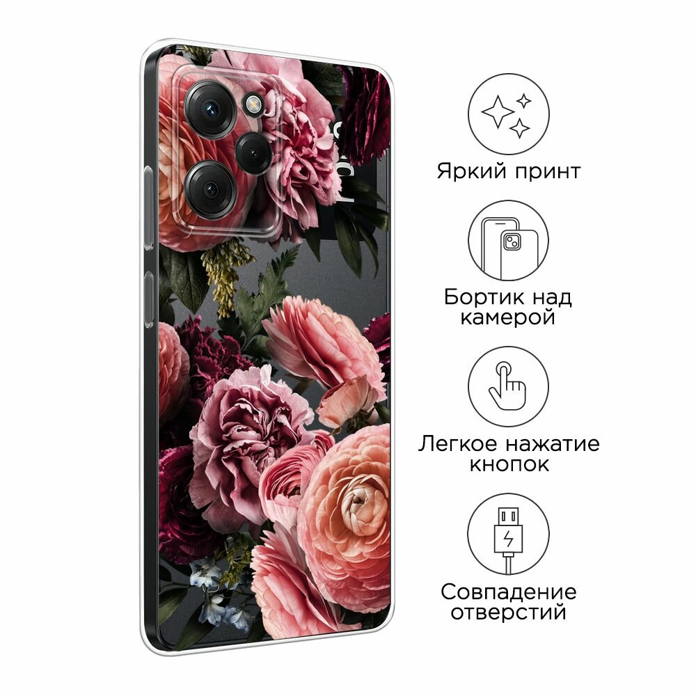 Чехол на Xiaomi Poco X5 Pro 5G / Сяоми Поко X5 Про 5G с принтом "Бордовые винтажные цветы", прозрачный — фото 1