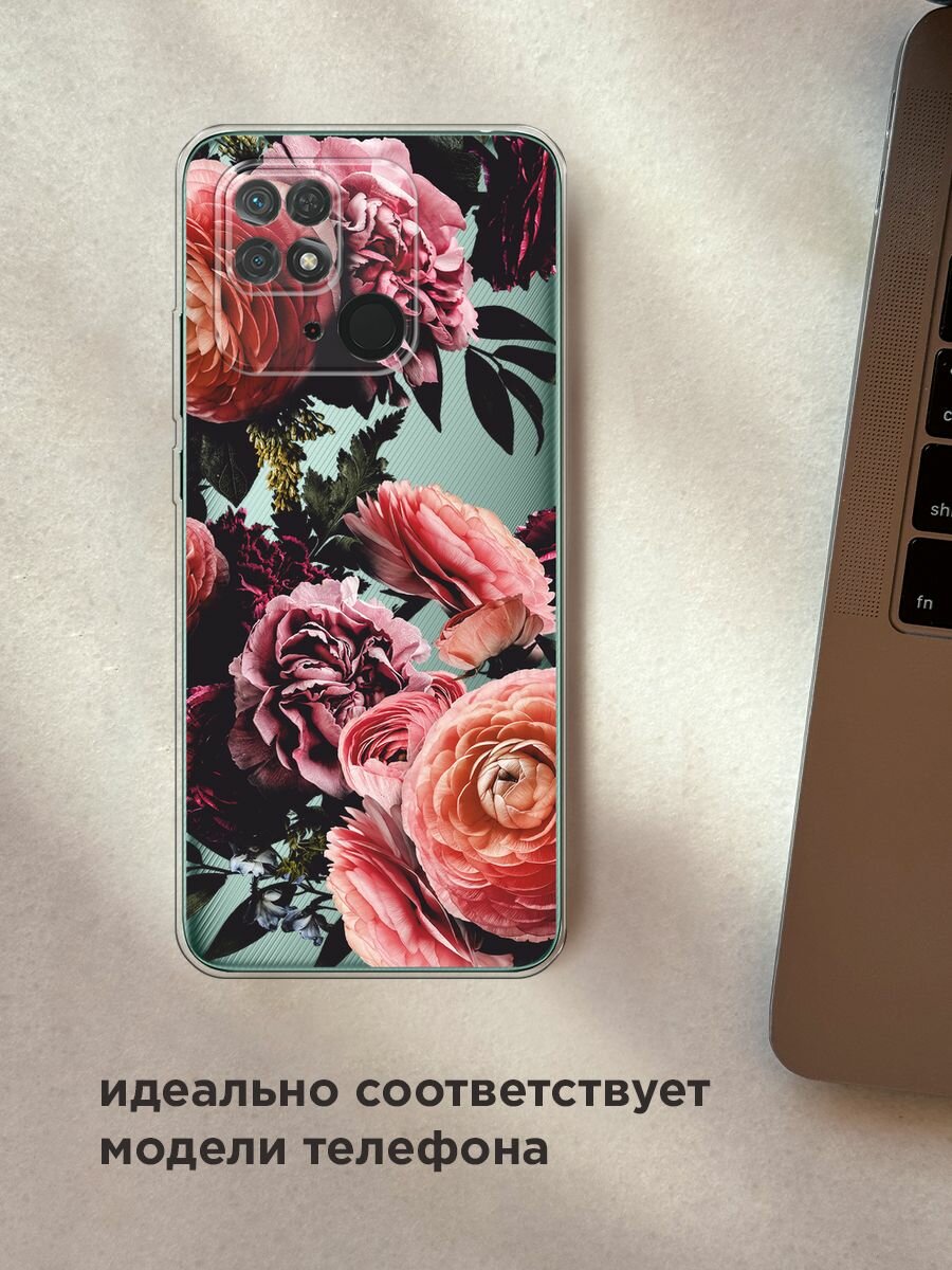 Чехол на Xiaomi Redmi 10C / Сяоми Редми 10C с принтом "Бордовые винтажные цветы", прозрачный — фото 1