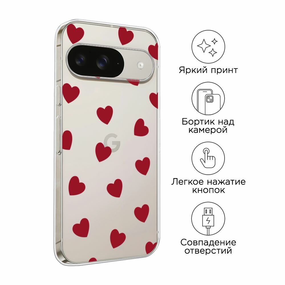 Чехол на Google Pixel 9 / Гугл Пиксель 9 с принтом "Бордовые сердечки паттерн - 14 февраля", прозрачный — фото 1
