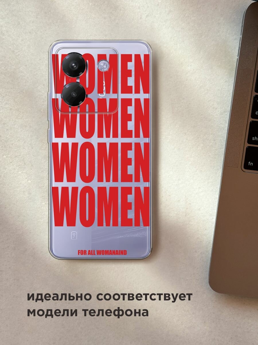 Чехол на Poco M7 Pro / Поко М7 Про с принтом "WOMEN", прозрачный — фото 1