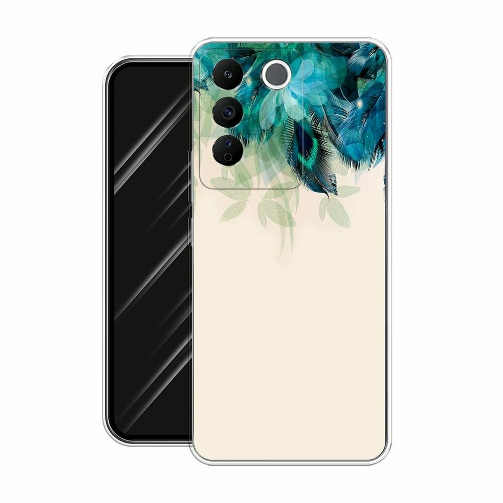 Чехол на Vivo V27e / Виво V27e с принтом Перья голубого цвета — фото 1