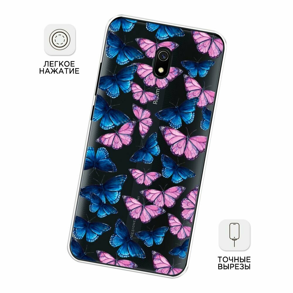 Чехол на Xiaomi Redmi 8A / Сяоми Редми 8А с принтом Розовые и голубые бабочки, прозрачный — фото 1