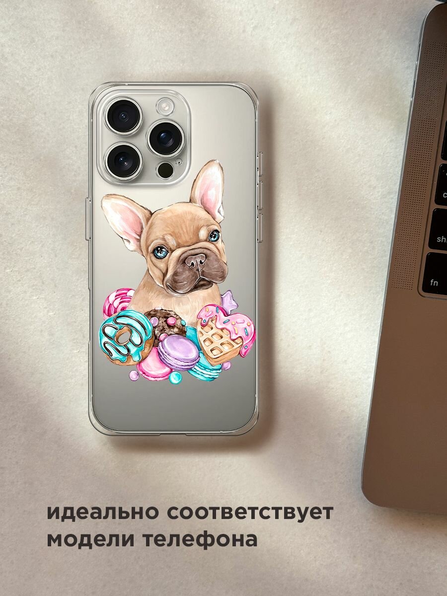 Чехол на Apple iPhone 16 Pro / Айфон 16 Про с принтом "Бульдог и сладости", прозрачный — фото 1