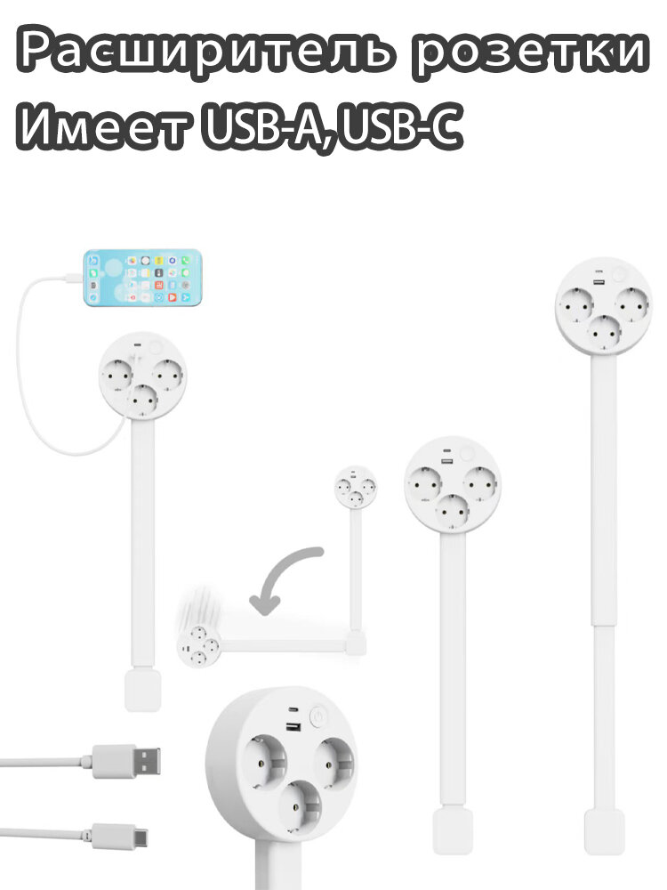 Расширитель розетки с USB-A, USB-C, поворот на 180 градусов. Используется за диваном, тумбочкой, столом и так далее