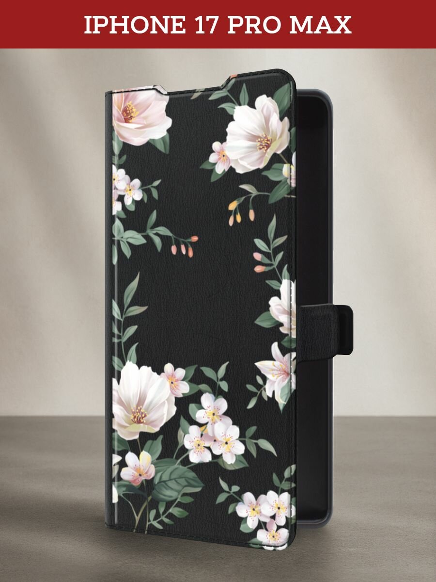 Чехол-книжка на Apple iPhone 17 Pro Max / Айфон 17 Про Макс с рисунком "Beautiful white flowers"